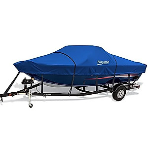 Kayme 600D Heavy Duty Boat Cover, Waterproof and Tear Resistant Boat Canvas, Tarps with Windproof Straps. Fit for V-Hull, Tri-Hull, Bass Boat, Fish & Ski Boat, Length 17'-19', Width up to 96".