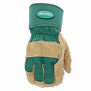 Scotts Men's Durable Split Cowhide Leather Palm Work Gloves, Abrasion Resistant, Safety Cuff, Padded Knuckle, Green/Yellow, Large, (SC75525/L)