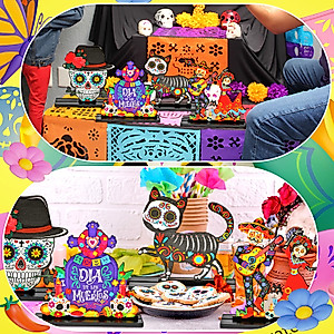 HOWAF 4PCS Day of The Dead Centerpiece, Dia De Los Muertos Wooden Table Topper with Sugar Skull Dancing Ghost Skeleton Couple Skeleton Cat Sacrificial Altar for Day of The Dead Table Decorations