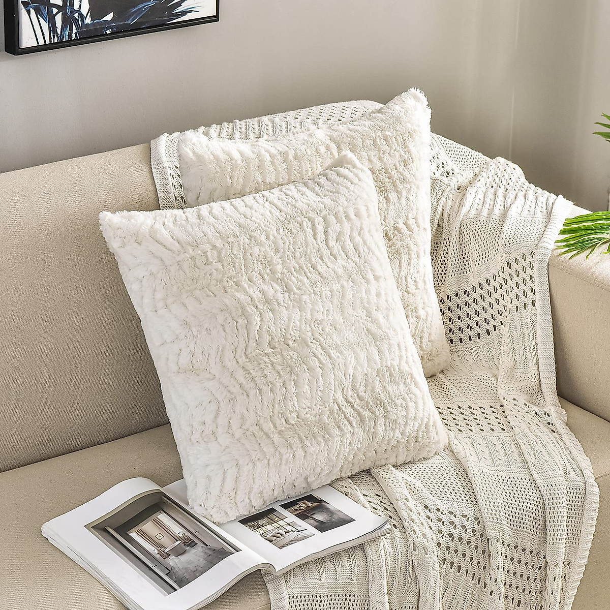 YUSOKI Luxury Faux Fur Throw Pillow Covers-18 x18,Set of 2-Boho Furry Fuzzy Fluffy Cozy Pillow Cases for Sofa Couch Bedroom Without Insert(Ivory,18"x18")