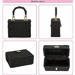 TaiGuri Women's Handmade Straw Rattan Woven Chain Purse Handbag Tote Shoulder Bag Black