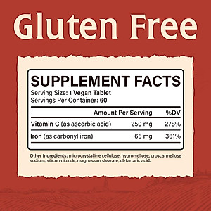 Elixeed Iron Tablets for Women & Men, 65 mg of Elemental Iron with VC, Gentle & Well-Absorbed, Blood Health, Energy Support, Vegan-Friendly, 60 Tablets, Non-GMO, No Gluten