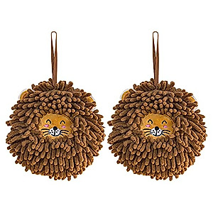 2 Pack Hanging Hand Towels Funny Cute Chenille Hand Bath Towel Microfiber Super Absorbent Quick Dry Fuzzy Ball Towel with Loop for Kitchen Bathroom Home Decorative (Lion)