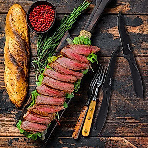 dearithe Steak knives set of 6, Black Serrated Stainless Steel Sharp Blade Flatware Steak Knife Set, 4.5 Inches,Non stick coating for Anti-rusting, for Restaurant Tableware Kitchen Camping