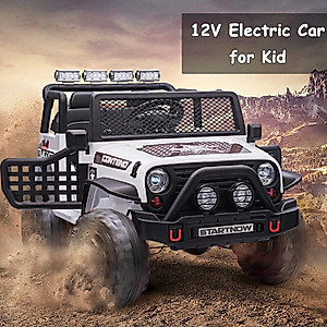 Sopbost 2-Seater Ride on Truck 12V Ride On Toys, Ride On Car with Remote Control Off-Road Battery Powered Electric Car for Kids with 2+1 Gear Shift, Spring Suspension, LED Headlights (White)