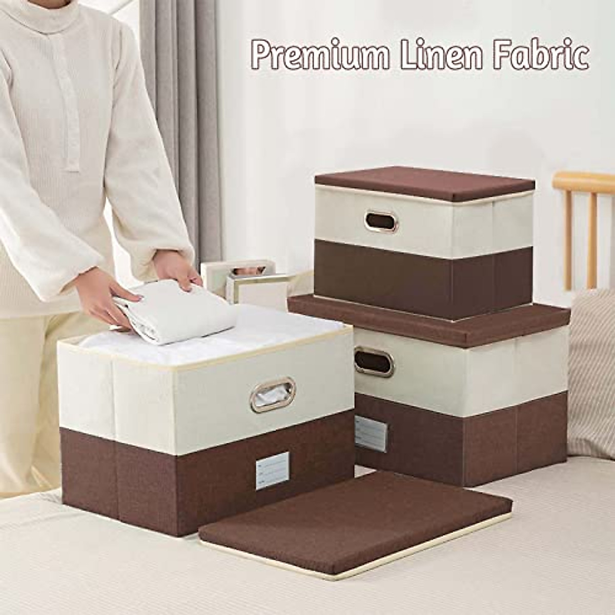 SZSJA Fabric Bins with Lids Linen Storage Boxes with Lids, Collapsible Storage Cubes 3 Pack Stackable Closet Storage Bins, Foldable Cloth Organizer Containers for Bedroom Storage