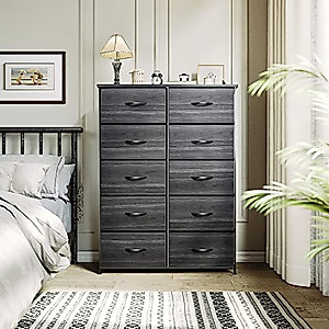 YITAHOME 10 Drawer Dresser - Fabric Storage Tower, Organizer Unit for Living Room, Hallway, Closets & Nursery - Sturdy Steel Frame, Wooden Top & Easy Pull Fabric Bins (Charcoal Black Wood Grain)