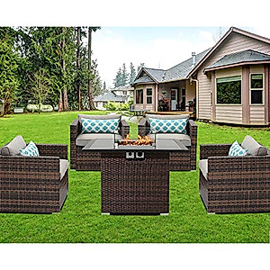 HOMPUS Outdoor Patio Furniture 5-Piece Wicker Chairs w 36-inch Square Propane Fire Pit Table(40,000 BTU),Internal Tank Storage£¬Glass Wind Guard