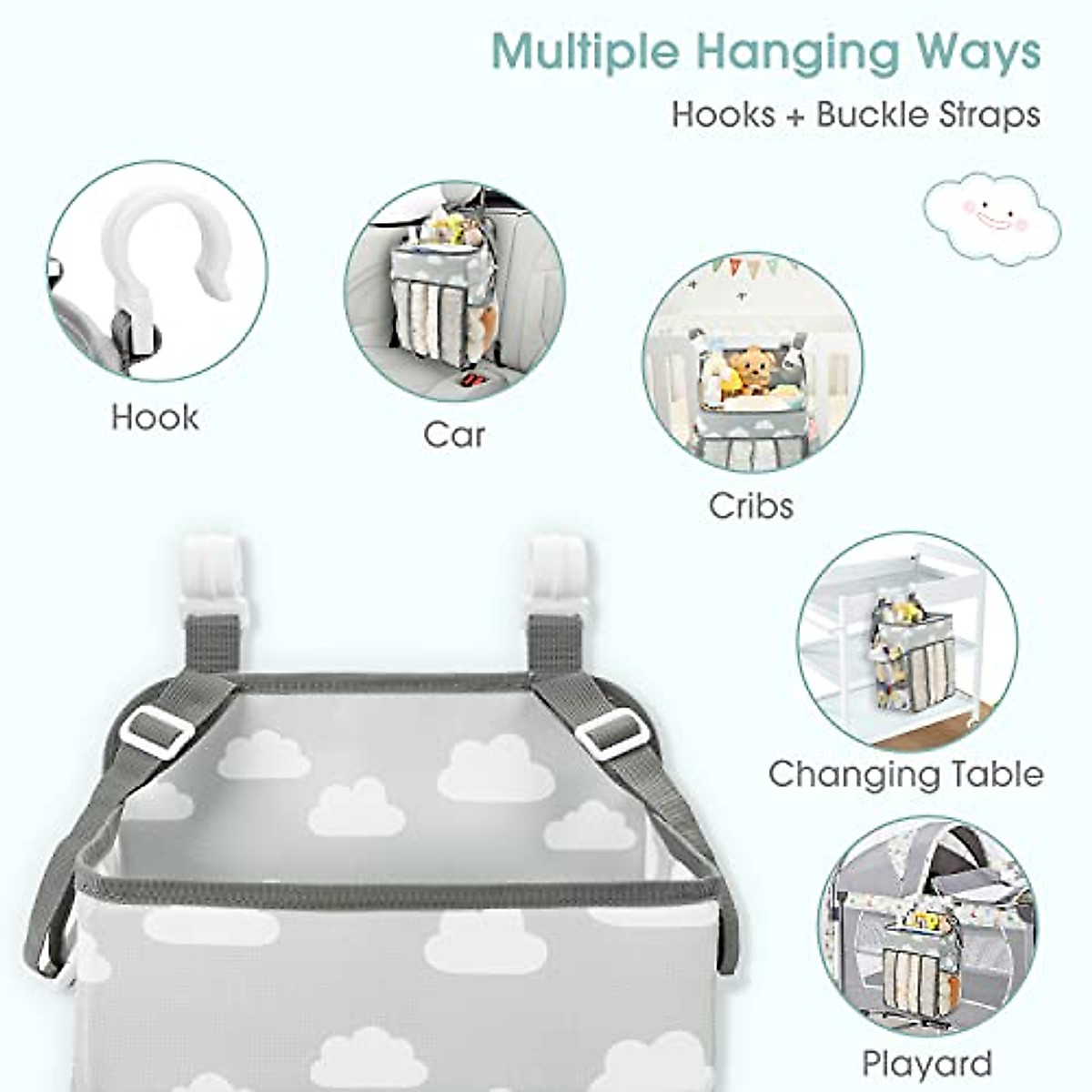 Maliton Hanging Diaper Caddy Organizer - Diaper Stacker for Changing Table, Crib, Playard or Wall & Nursery Organization Baby Shower Gifts for Newborn (Gray Cloud)