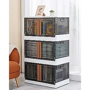 XTACO 3 Pack Stackable Storage Bins with Lids, 8.4 Gal Collapsible Storage Bins, Wardrobe Closet Organizer, Foldable Plastic Storage Container with Door, Crate for Book Storage