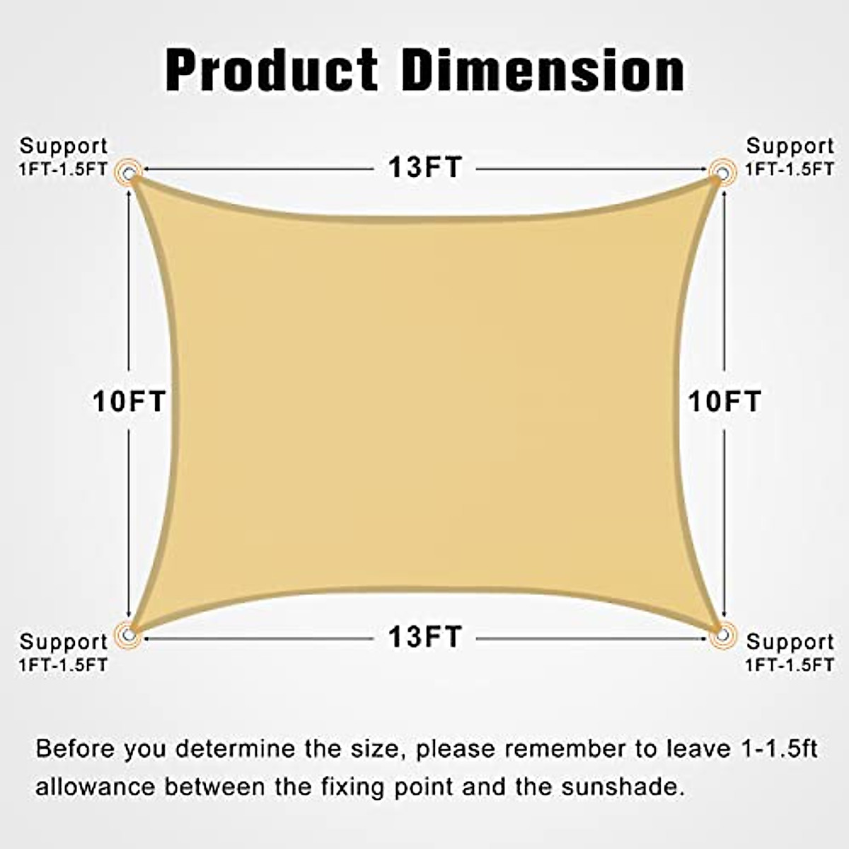 MR. COVER Sun Shade Sail 10 x 13 ft Rectangle for Patio Garden Backyard Outdoor Facility, Rip-Resistant & UV-Block, Double Stitched, Sand Color