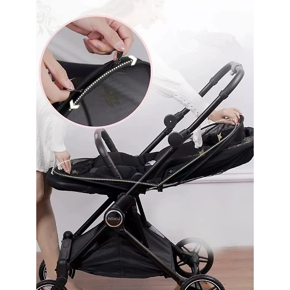 MINILUJIA Universal Foldable Star Mosquito Net and Storage Bag for Baby Stroller with Zipper Visible Breathable Sun Cover Bassinet Mesh Cover for Car Seat,Bassinets,Cradles,Cribs (Black with Star)