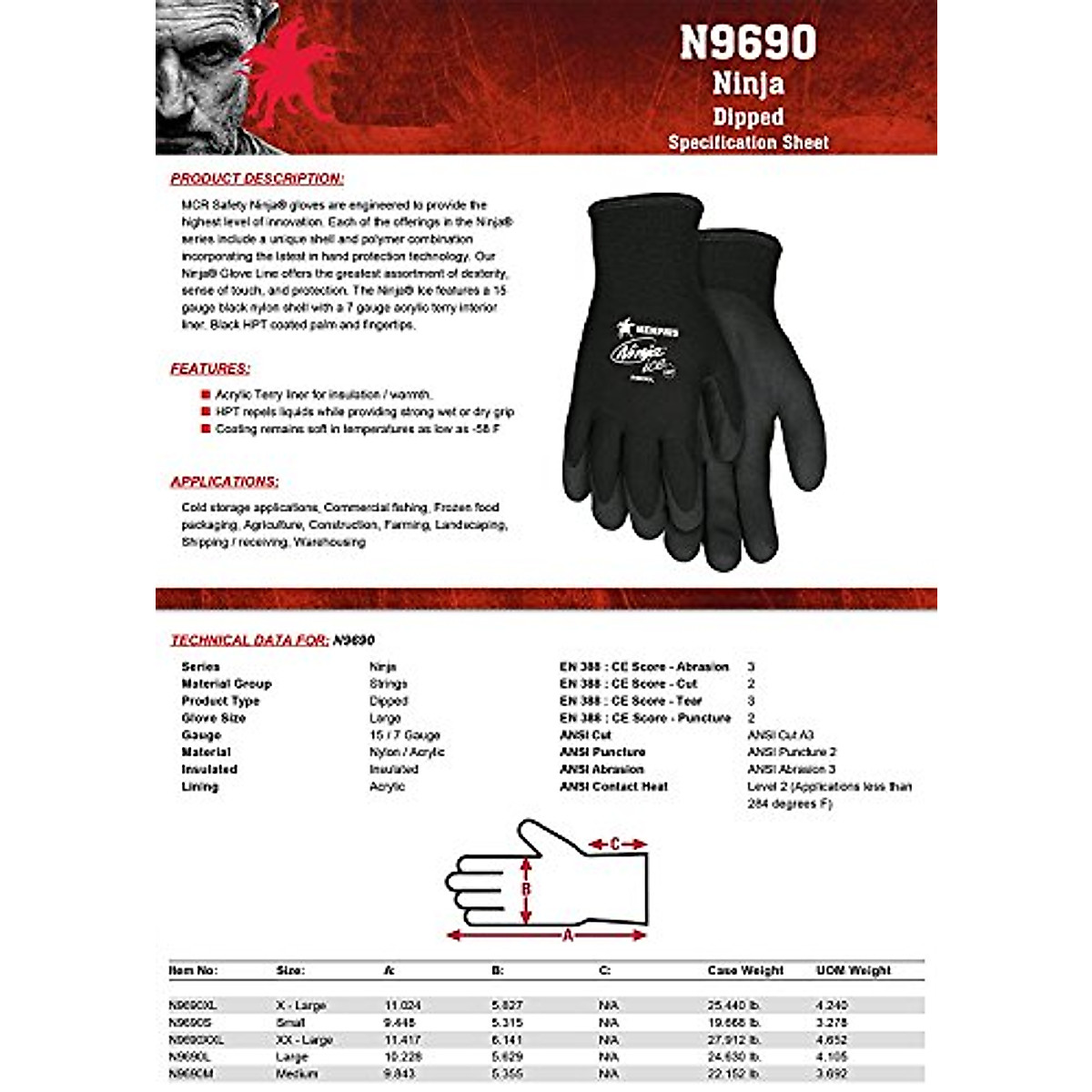MCR Safety Memphis N9690L Ninja Ice Mechanic/Ice Fish Glove, Size Large (2 Pair)