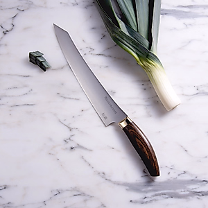 Messermeister Kawashima 10” Slicer Knife - SG2 Powdered Steel, Eco-Brass Bolster & Walnut Pakkawood Handle - Made in Seki, Japan