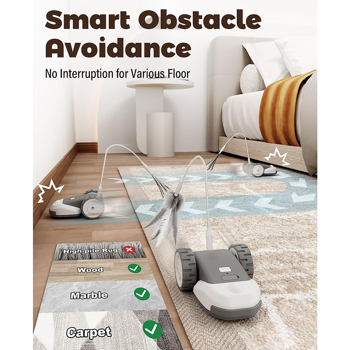 CYROS 3-in-1 Interactive Cat Toy - 2-Speed Automatic Moving Mouse Cat Toys Self Play with 2pcs Hanging Feather String Ribbon and Wiggly Silicone Mice Tail for Bored Indoor Adult Cats Kittens