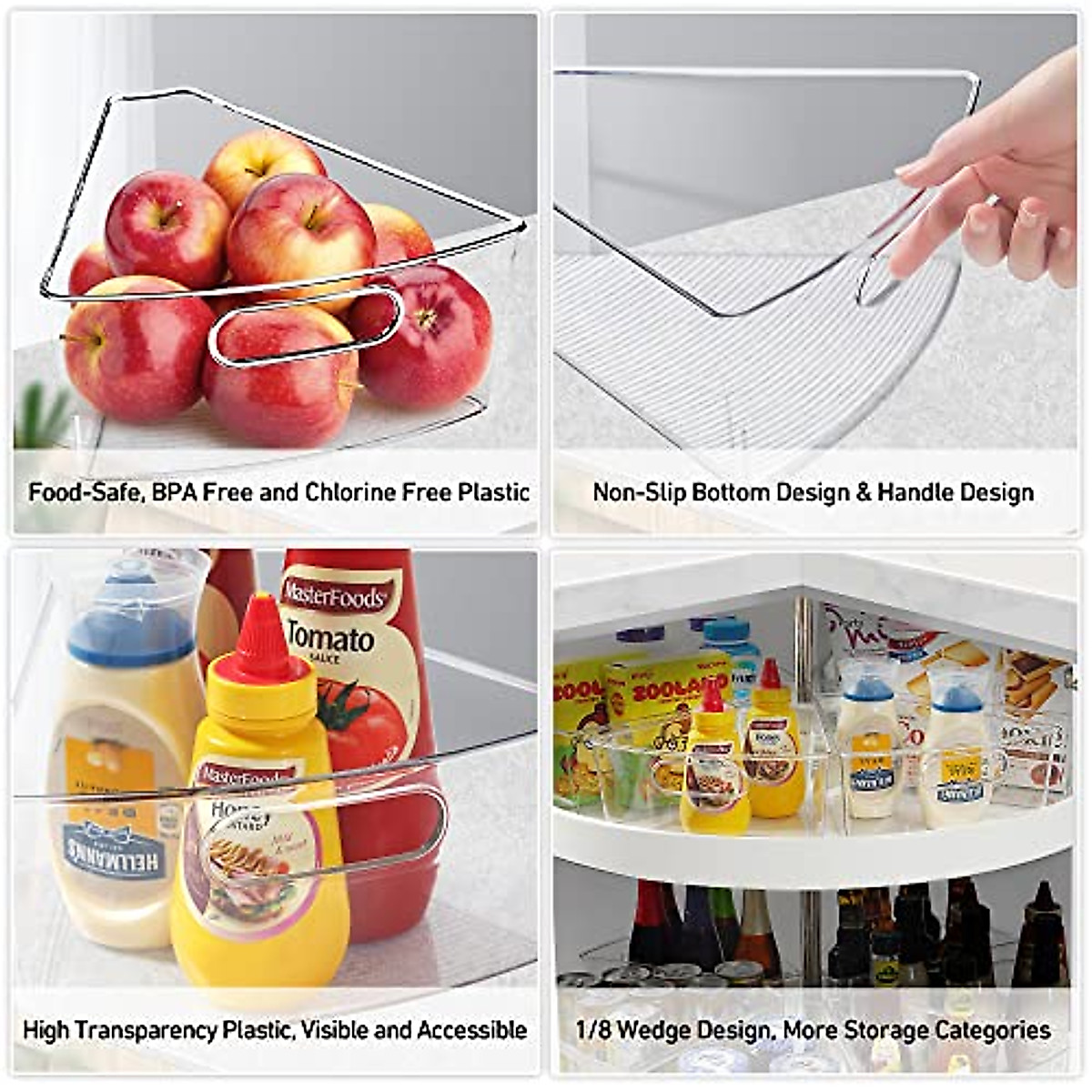 Leeden Lazy Susan Cabinet Organizer, BPA Free Containers, Durable Plastic Transparent Storage Bins for Kitchen Corners & 26"-28" Diameter Lazy Susans, 1/8 Wedge, 4 Packs