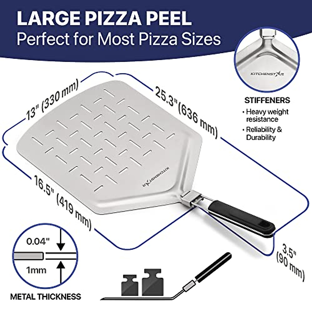 KitchenStar Perforated Stainless Steel Pizza Peel with Folding Handle (13 x 16.5 Inches) for Oven Pizza Turning, Placement and Retrieving - Professional Baking Tools Series