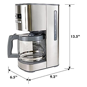 Kenmore Aroma Control 12-Cup Programmable Coffee Maker, Stainless Steel Drip Coffee Machine, Glass Carafe, Reusable Filter, Timer, Digital Display, Charcoal Water Filter, Regular or Bold