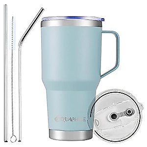 AQUAPHILE 30oz Stainless Steel Insulated Coffee Mug with Handle, Double Walled Vacuum Travel Cup with Lid & Straw, Reusable Thermal Coffee Cup, Portable Coffee Tumbler, for Hot&Cold Drinks(Light Blue)