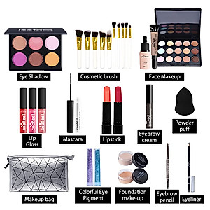 Multipurpose All in One Makeup Kit Full Kit with Eyeshadow Palette Lipstick Blush Powder Foundation Concealer Lip Gloss Mascara makeup kit for women