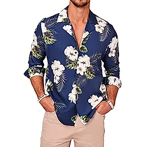 COOFANDY Men Hawaiian Shirts Flower Long Sleeve Beach Shirt Relaxed Fit Tropical Button Up Shirt for Summer Navy Blue XXL