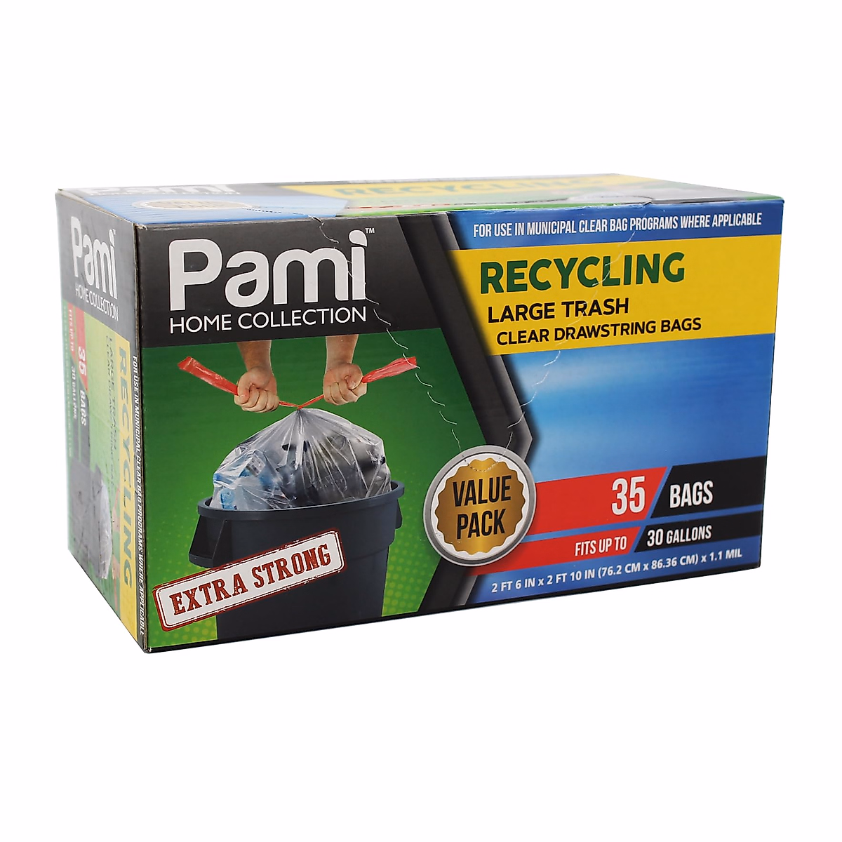 PAMI Recycling Tall 13-Gallon Kitchen Drawstring Trash Bags- Extra-Strong Plastic Garbage Bags [Clear 35 Pack]- Thick Trash Can Liners For Kitchen & Outdoor Bins- 2ft x2ft Unscented Trash Bags