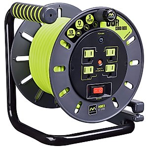 Masterplug 60ft Cord Reel, Extension Lead with Winding Handle, Safety Overload Circuit Breaker and Power Switch, Four Outlets, 14AWG