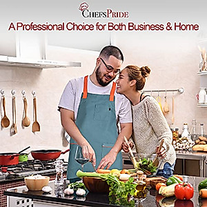 CHEFSPRIDE Professional Chef Apron for Men & Women - 100% Cotton Adjustable Kitchen Chef Apron with Cross Back & Tool Pockets, Emerald Green with Orange Straps