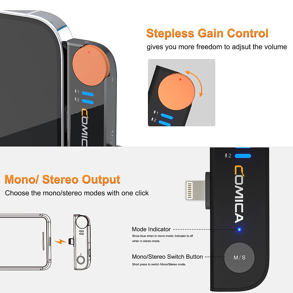 comica Vimo S MI Wireless Lavalier Microphone for iPhone, MFI Certified, Noise Cancelling, 15HR Battery, 656' Transmission, Dual Wireless Lapel Mic for iPhone Video Recording Vlogs Live Stream
