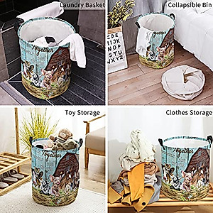 Laundry Basket Rural Life with Pig Cow Donkey Cat Rabbit,Waterproof Collapsible Clothes Hamper Farm Animals Retro Barn Door,Large Storage Bag for Bedroom Bathroom 13.8x17In