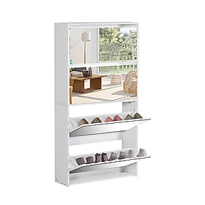 AODAILIHB White Shoe Cabinet for Entryway Slim, Narrow Freestanding Shoe Rack with 4 Flip Drawers&Mirror, Wood Shoe Storage Organizer for Closet, Apartment, and Corridor (Mirror Cabinet)