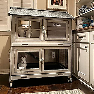 Rabbit Hutch Indoor Rabbit Cage for Small Animals Outdoor Bunny Cage with Movable Wire Netting, Guinea Pig Habitat On Wheels,Pull Out Leak Proof Tray (Grey+Camel)