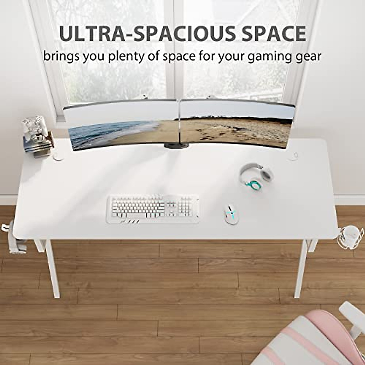 DESIGNA White Gaming Desk 63 inch, Large Gaming Tables Gamer Pc Workstation K Shaped Game Station with Free Mouse Pad, Gaming Handle Rack, Cup Holder and Headphone Hook, Carbon Fibre Surface