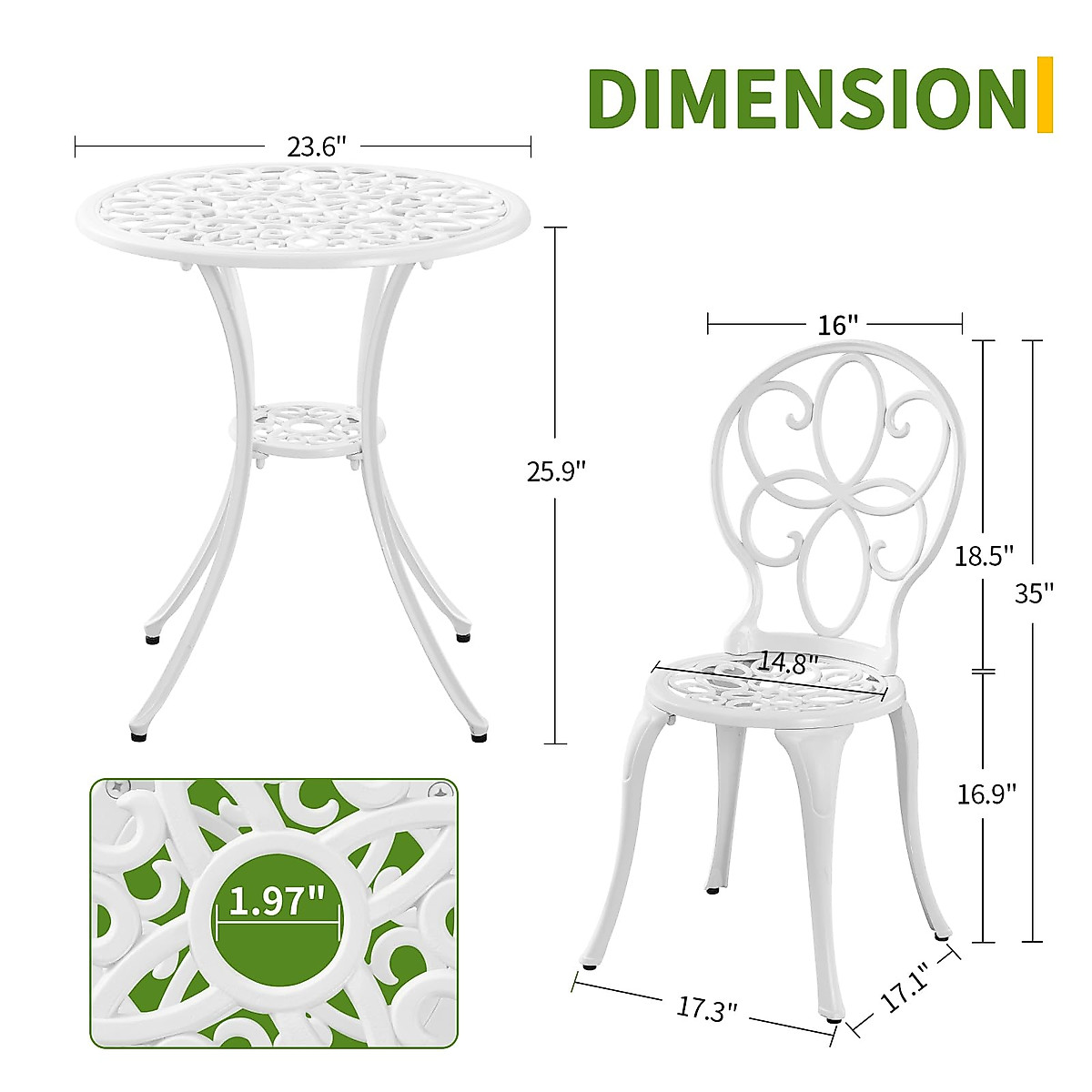 Withniture Patio Bistro Sets, Cast Aluminum Bistro Table and Chairs Set of 2 with Umbrella Hole, Bistro Set 3 Piece Outdoor, Metal Patio Furniture Set for Garden Porch, White