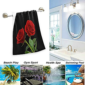 Naanle 2 Piece 3D Beautiful Couple Red Rose Flower Absorbent Soft Fluffy Guest Hand Towels, Multipurpose Decor for Bathroom, Hotel, Gym and Spa (14" x 28",Black)