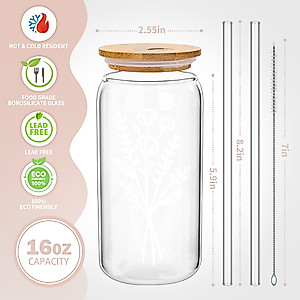 Cute Glass Cups with Lids and Straws, Aesthetic Iced Coffee Cup, Flower Mugs, Personalized Tumbler with Straw, Birthday Gifts for Women Friend Sister Her Coffee Lover Bridesmaid Stuff Christmas