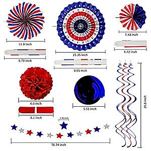 26Pcs Patriotic Party Decorations 4th of July Decor Set - USA Flag String Red White Blue Paper Fans Star Streamer Pom Poms Hanging Swirls for Labor Day,Veterans Day,Presidents Day,Flag Day