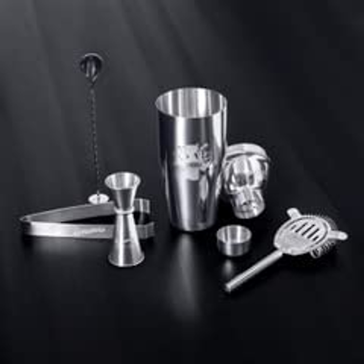 5 pc. Cocktail Shaker Bar Set by Tom Bullock's, The Original Tastemaker: 25 oz Stainless Steel Shaker, Double Measuring Jigger, Stirrer/Mixer Spoon, Strainer and Ice Tongs. Become The Ideal Bartender!