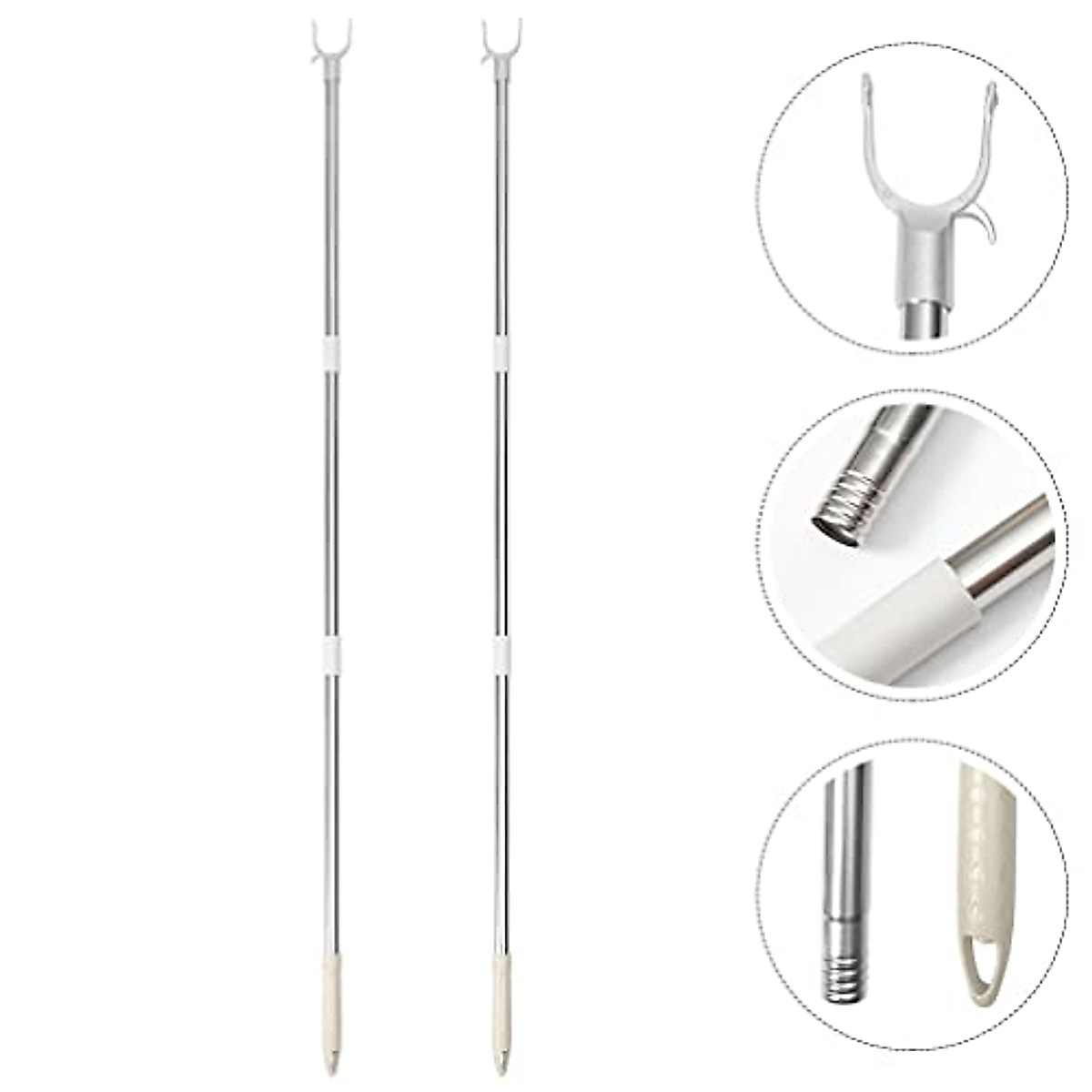 Pole 2pcs Clothes Reach Poles Retractable Clothes Drying Fork Stainless Steel Clothesline Rod Pole Wardrobe Hook Adjustable Reaching Pole for Balcony Closet Reach Tool