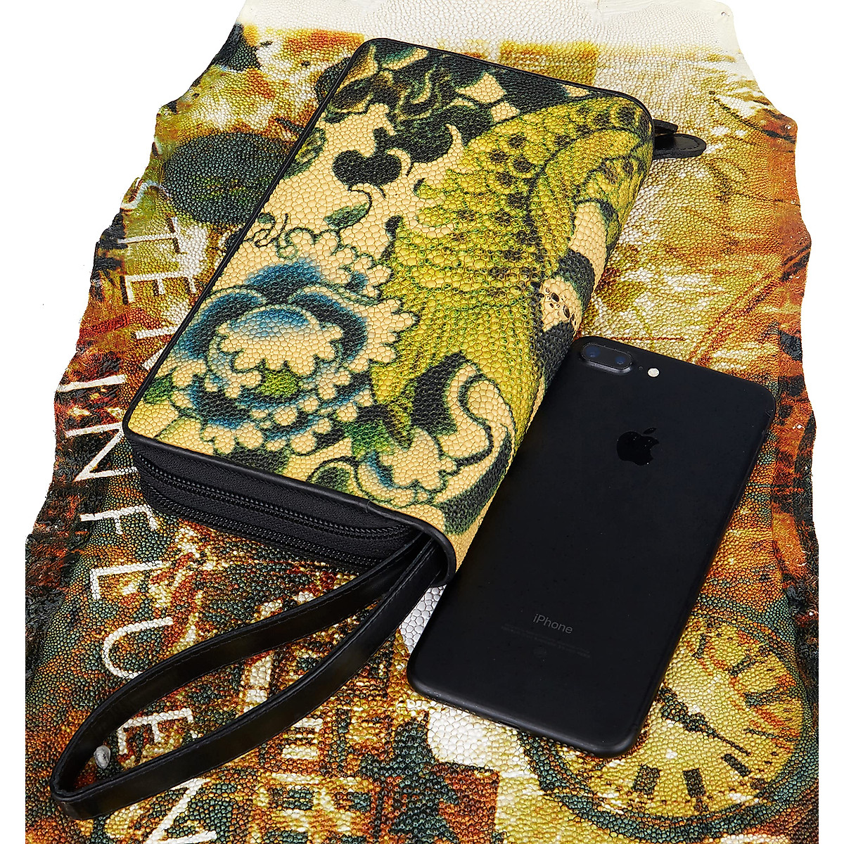 Lucky potato Luxury Genuine Stingray Skin Leather Clutch Checkbook Wallet for Men and Women with Wirstlet,Multi Card Organizer and Large Capacity Purse,Multicolor,Per-zip Wallet