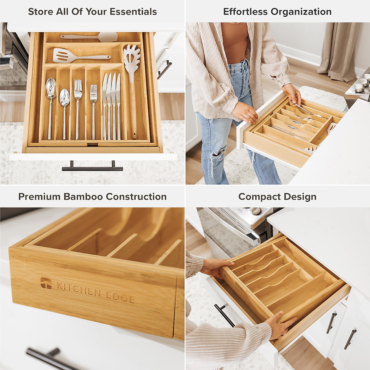 KitchenEdge Premium Silverware, Flatware and Utensil Organizer for Kitchen Drawers, Expandable to 25 Inches Wide, 10 Compartments, 100% Bamboo
