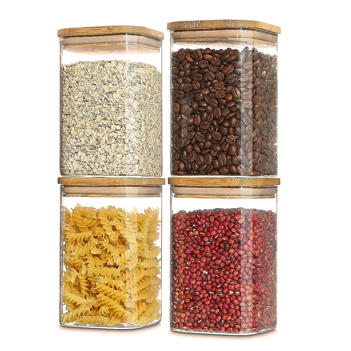40oz Glass Food Storage Jars with Bamboo Lids, Clear Square Airtight Kitchen Storage Container Sets, Stackable Glass Pantry Food Canisters for kitchen Counter, Candy, Cookie, Rice, Cereal (Set of 4)