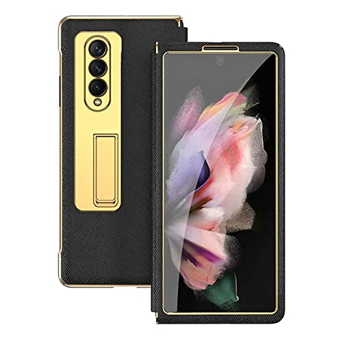EAXER Compatible with Samsung Galaxy Z Fold 3 5G Case Metal Stand Front with Tempered Glass Cover Luxury Leather Hybrid Plating PC with Kickstand Cover Shockproof Protective Fold Case (Black)