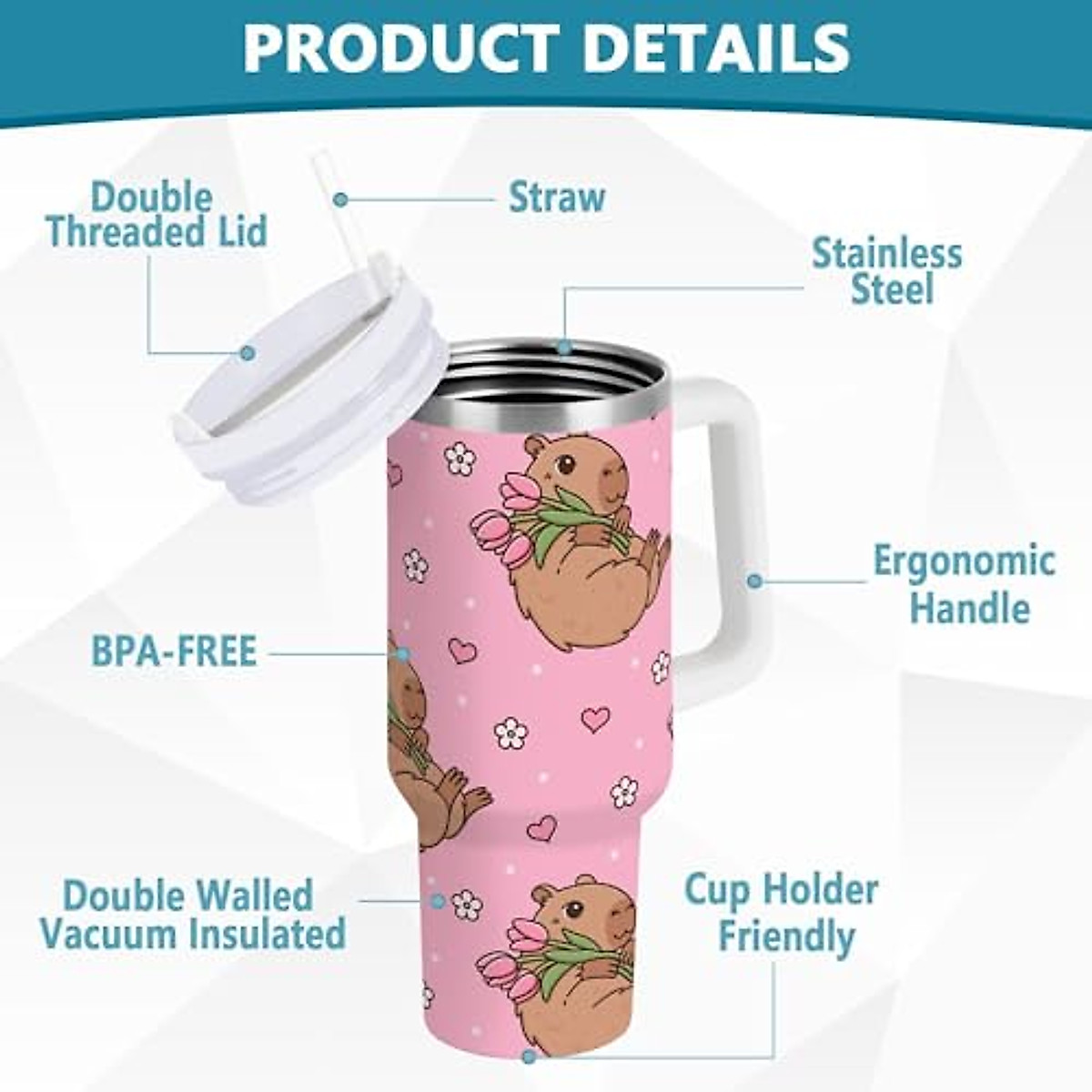 DIGTIA Stainless Steel Insulated Tumbler w/Handle & Straw, Capybara Cute Double Wall Vacuum Travel Coffee Mug Cup w/Lid, Leak-Proof Sports Bouquet Water Bottle,30oz