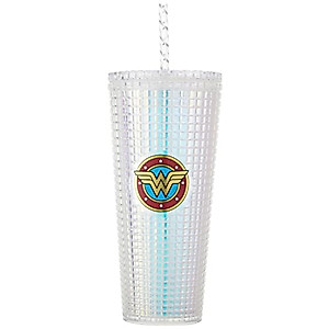 Spoontiques - Diamond Tumbler - Textured Cup with Straw - Double Wall Insulated and BPA Free - 20 oz - Wonder Woman