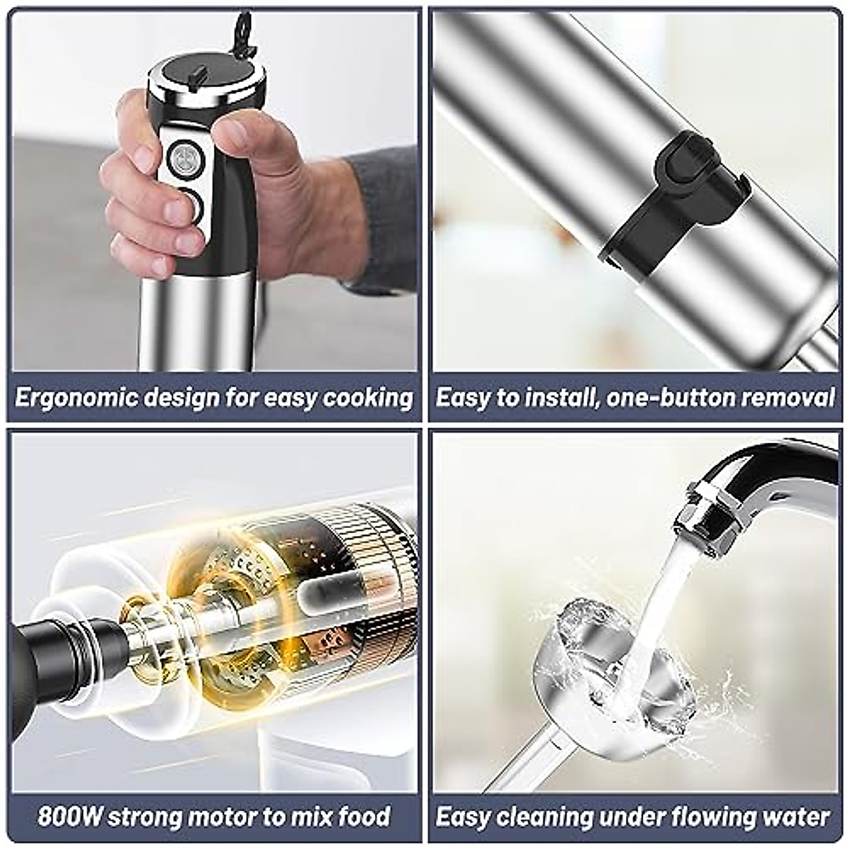 Immersion Blender 800W, 5 in 1 Hand Blender, 24 Speed and Turbo Mode Immersion Blender Handheld, Stick Blender Stainless Steel Blade with Mixing Beaker, Chopper, Whisk and Milk Frother