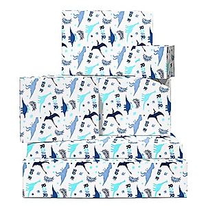 CENTRAL 23 Boys Birthday Wrapping Paper - Dinosaur Wrapping Paper - 6 Sheets Blue Gift Wrap - Eco - Comes With Fun Stickers - Recyclable
