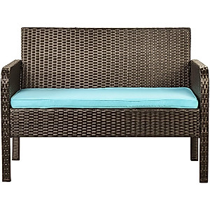 STP-Y 4 Pieces Outdoor Patio Furniture Set All-Weather Wicker Sofa Set Rattan Chair with Tempered Glass Table, Cushioned Seats Conversation Sets, Blue (Color : Blue)