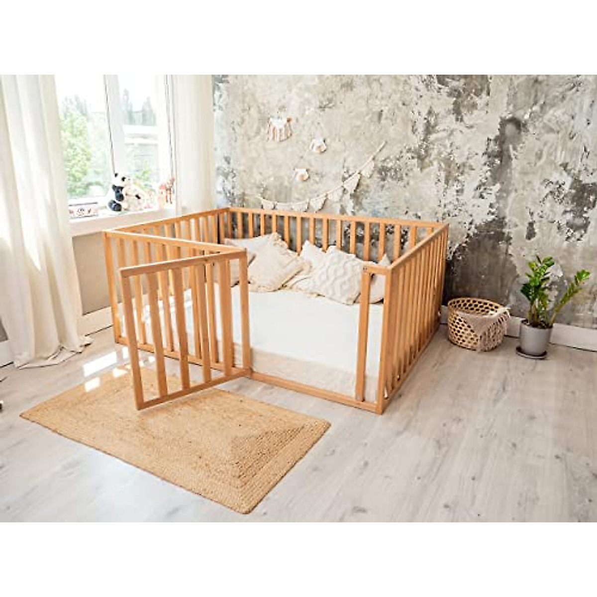 BUSYWOOD Wooden Floor Bed Playpen with Extended Rail - Toddler Bed Frame - Bed with Extra Protection - Toddler Playpen - Play Bed - Solid Wood Bed - (Model 6.3, Floor bed)