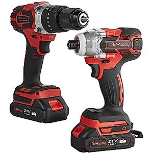 BeHappy Cordless Drill Combo Kit 21V, 1/2 Inch Brushless Power Tool Kit and 1/4 Inch Impact Driver, Electric Drill Kit with 2 Batteries and Charger, DIY
